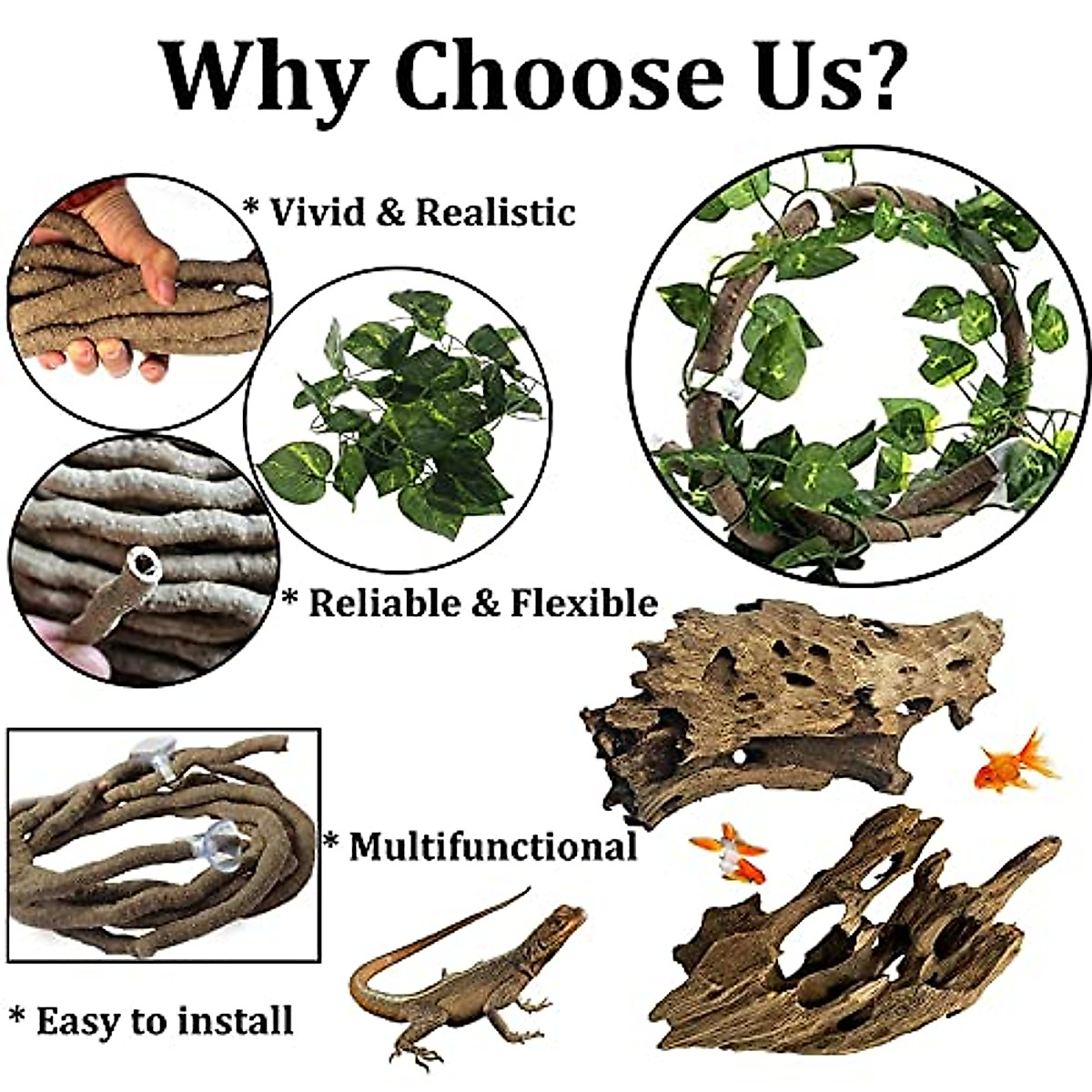 PINVNBY Reptile Plants, Reptile Vines and Flexible Reptile Leaves Large Driftwood Tank Habitat Decor for Bearded Dragons Snakes Geckos Frogs Chameleon(3 PCS)