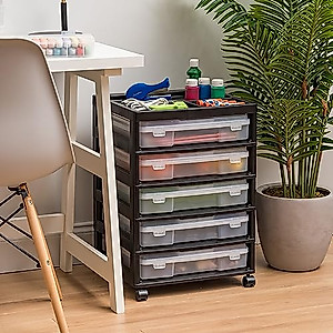 Plastic Drawer Storage Organizer 5 Drawers Dresser Rolling Storage Cart Craft Dorm Storage Shelves Containers With Drawer Unit On Wheels for Art Supplies,Home,Closet,Bedroom,Bathroom,Office, Black