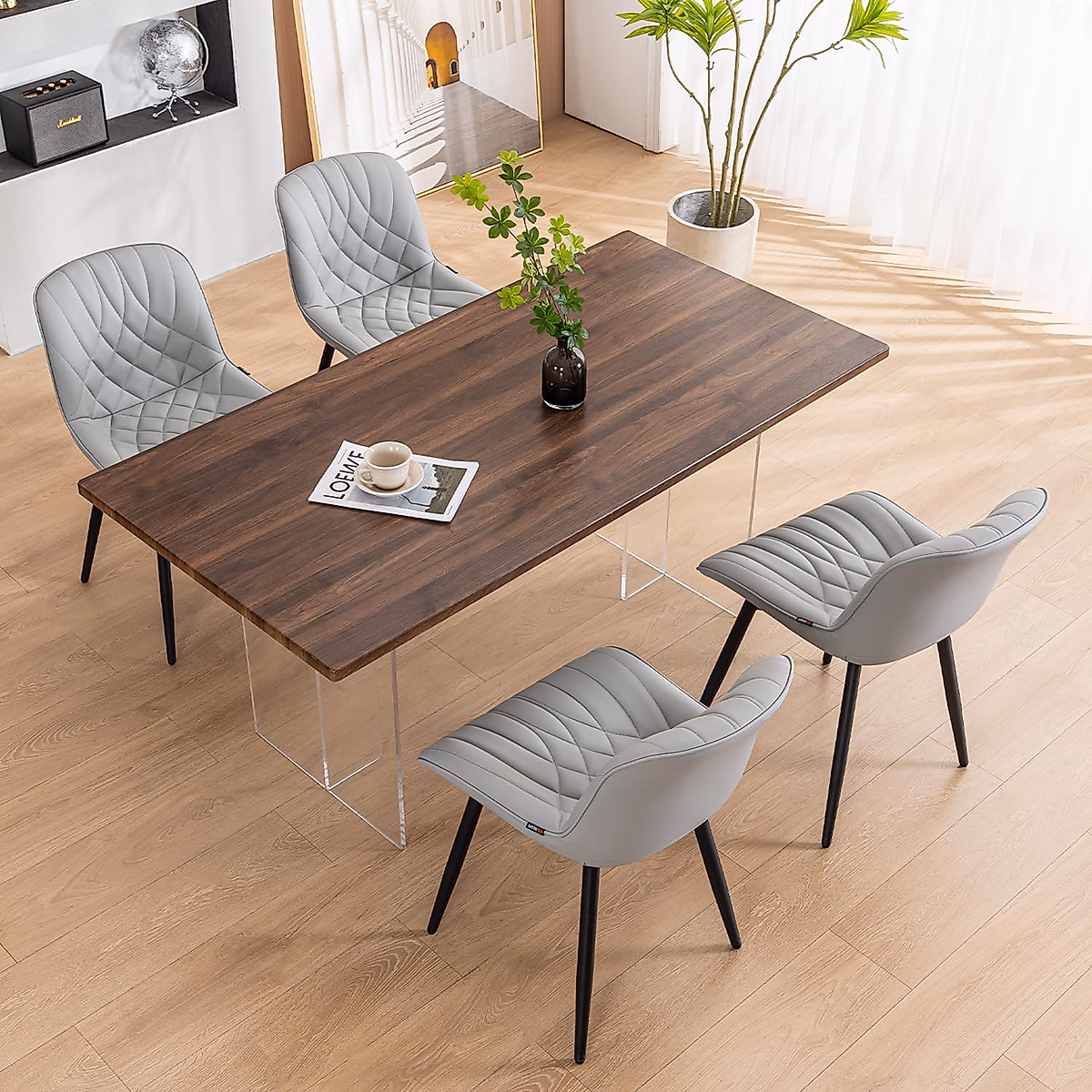 YOUNUOKE Dining Chairs Set of 2 Mid Century Modern Kitchen Chair Comfortable Upholstered Faux Leather Dinner Chairs for Kitchen Dining Room, Grey