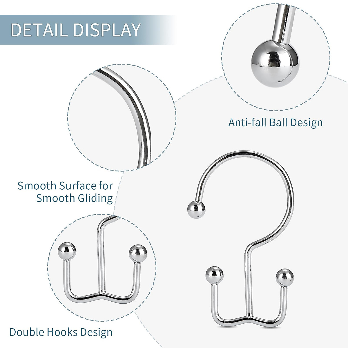 Goowin Shower Curtain Hooks, 12 Pcs Shower Curtain Rings, Durable Rust Proof Silver Shower Curtain Hooks, Shower Rings for Curtain, Double Glide Shower Curtain Hooks for Shower Curtain Rods, Chrome