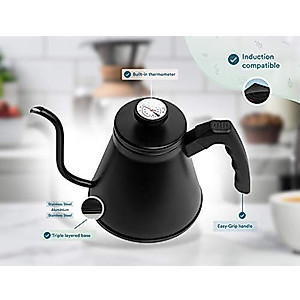 Kook Stovetop Gooseneck Kettle with Thermometer, for Pour Over Coffee & Tea, Temperature Gauge, Electric, Compatible for Gas Stovetop, 3 Ply Stainless Steel Base, 27 oz