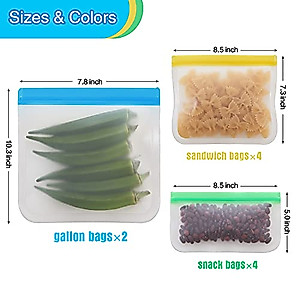 10 Pack Reusable Food Storage Bags, BPA Free Reusable Freezer Bags(2 Reusable Gallon Bags + 4 Leakproof Reusable Sandwich Bags + 4 Food Grade Kids Snack Bags) Resealable Lunch Bag for Meat Fruit Veggies
