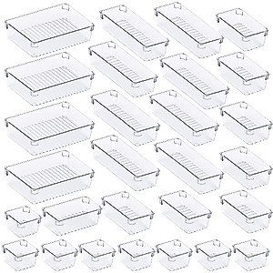 Kootek 28 Pcs Drawer Organizer, 4 Sizes Bathroom Drawer Organizers Trays Clear Plastic Makeup Organizer Vanity Dividers Desk Storage Bins for Jewelry, Kitchen, Bedroom, Office