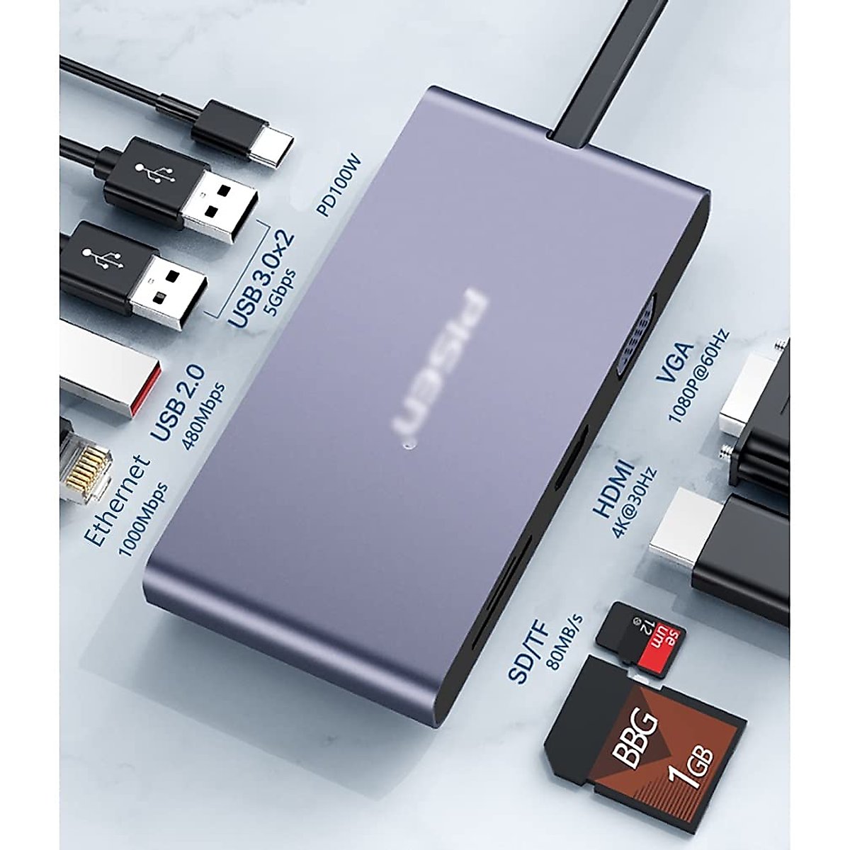 Port Expander USB C Hub 9 in 1 Type C Adapter with Hidden Cable Dock Station (HDMI/VGA/Ethernet/2 USB 3.0/USB 2.0/SD and TF Slots/PD 100W) USB Splitter
