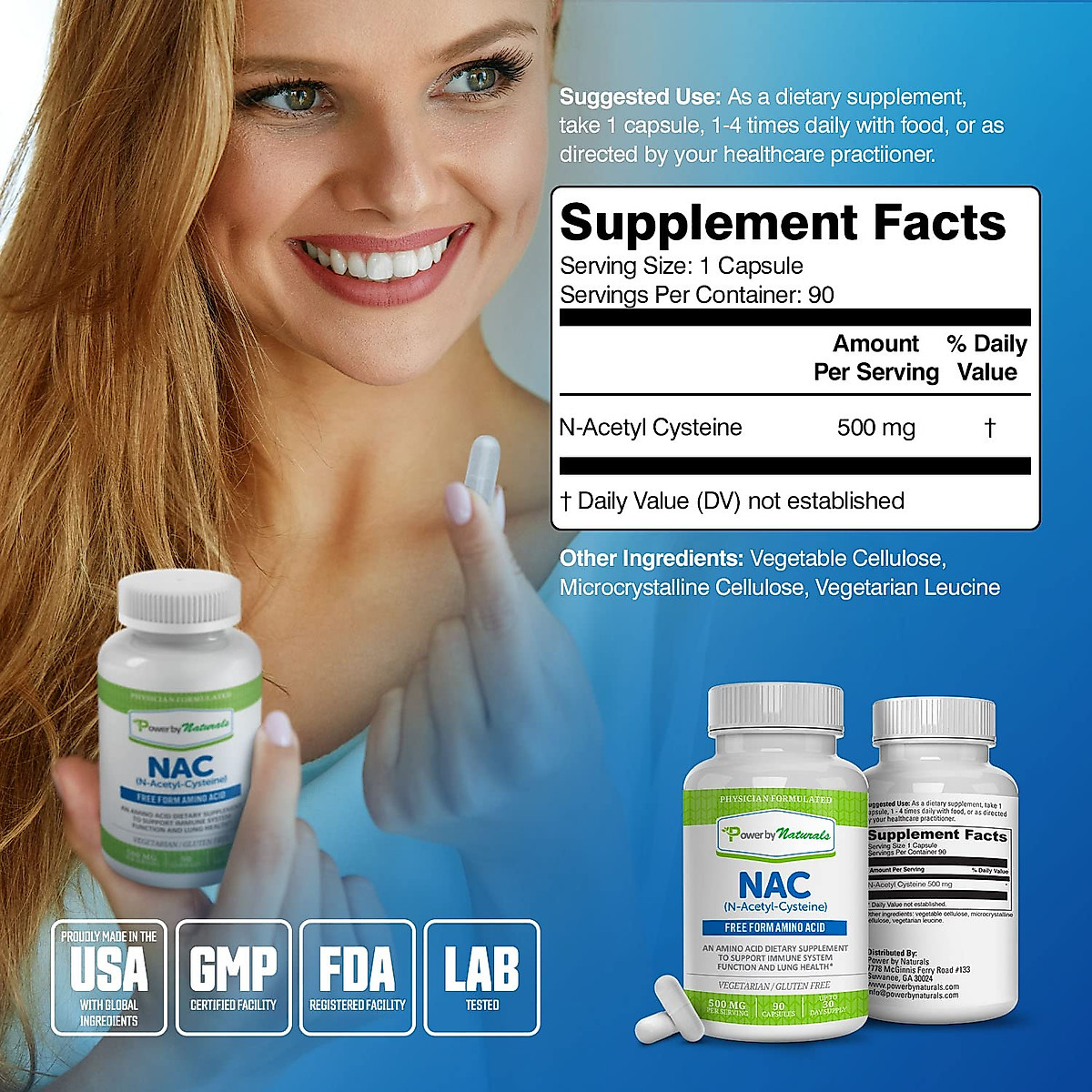 Power By Naturals NAC Supplement N-Acetyl Cysteine – NAC 1000mg Serving Per 2 Capsules - Antioxidant Amino Acids Supplement for Liver Lung Support & Glutathione Boost - Pure NAC Supplement, 90Ct.