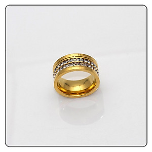 Fusamk Fashion 18K Gold Stainless Steel Band Ring Two Row Crystal Ring(Gold(9))