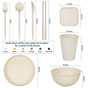 Straw Dinnerware Set - 54 Pcs Unbreakable Dish Set, Reusable Straw Plates and Bowls Sets Outdoor Camping Dishes Service for 6, Microwave and Dishwasher Safe (Multicolor)
