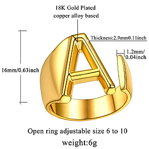 FindChic Initial Ring Chunky Gold Rings That Don't Tarnish Statement Ring for Women Cute Letter A Adjustable Open Rings for Women 18K Gold Plated Stacking Name Ring Size 6 7 8 9 Jewelry
