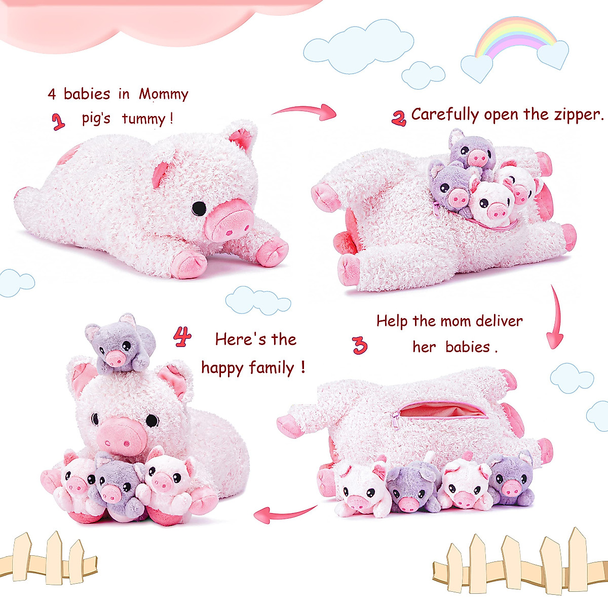 IKASA Mommy Pig Stuffed Animal Mom and Baby Plush Toy,Cute 16" Soft Small Fluffy Mama Family Set Toy with Little Mini Babies,Gifts for Kid (Pig)