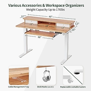BANTI 48'' Height Adjustable Electric Standing Desk with Keyboard Tray, Home Office Desk Computer Workstation with Storage Shelf, Sit Stand Desk, Light Rustic Top