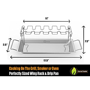 Cave Tools Chicken Wing & Leg Rack for Barbecue Grill Smoker or Oven - Stainless Steel Vertical Roaster Stand & Drip Pan/Grill Grease Tray for Cooking Vegetables in BBQ Juices - Dishwasher Safe