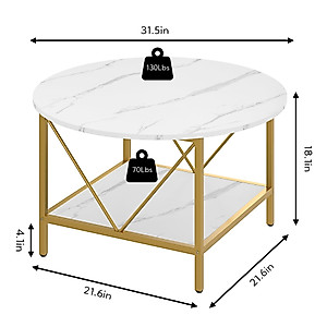 Yusong Round Coffee Table for Living Room, Farmhouse Circle Coffee Table with Storage Shelf, 2-Tier Modern Center Table with White Faux Wooden Tabletop, Gold Metal Frame