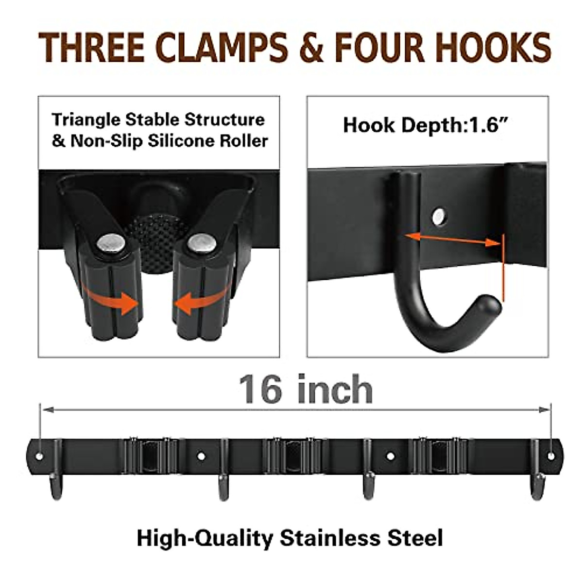 Charmount Mop and Broom Hanger Wall Mount - Mop and Broom Holder Wall Mount- Heavy Duty Broom Storage Rack Hook for Laundry Room, Garden,Garage (Black)