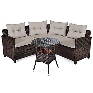 HAPPYGRILL 4PCS Curved Outdoor Sofa Set Rattan Wicker Patio Furniture Set with Coffee Table & Cushions Modern Conversation Set Curved Sofa Set for Garden Poolside Balcony