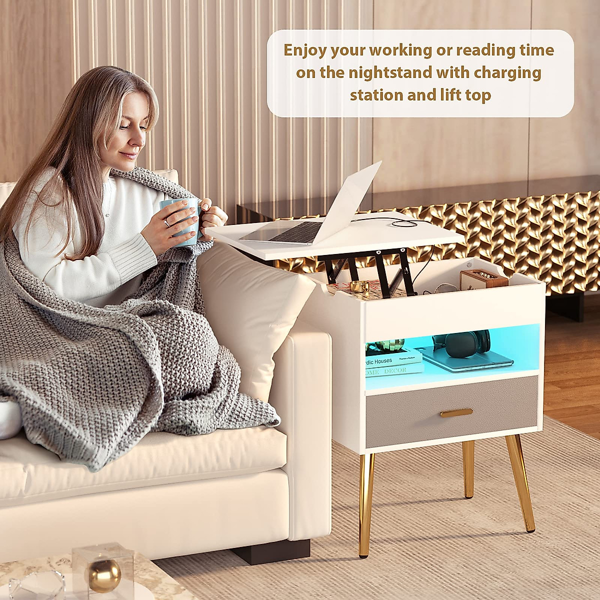 Cyclysio 35'' Nightstands Set of 2 with Reversible Lift Top, Large Night Stand with Lights, Tall Bedside Table with Charging, White Modern Side Table