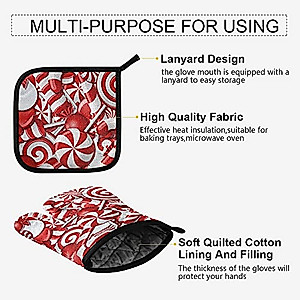 Winter Valentines Candy Canes Oven Mitts Pot Holder Sets 2pcs Sweets Christmas Xmas Non-Slip Kitchen Heat Resistant Hot Pads for Women Cooking Gloves Baking Wear BBQ