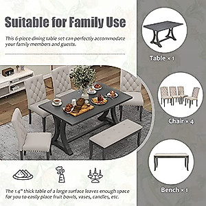 RUNWON Farmhouse Solid Wood 6-Piece Dining Set with Rectangular Trestle Table and 4 Upholstered Chairs & Bench, Gray