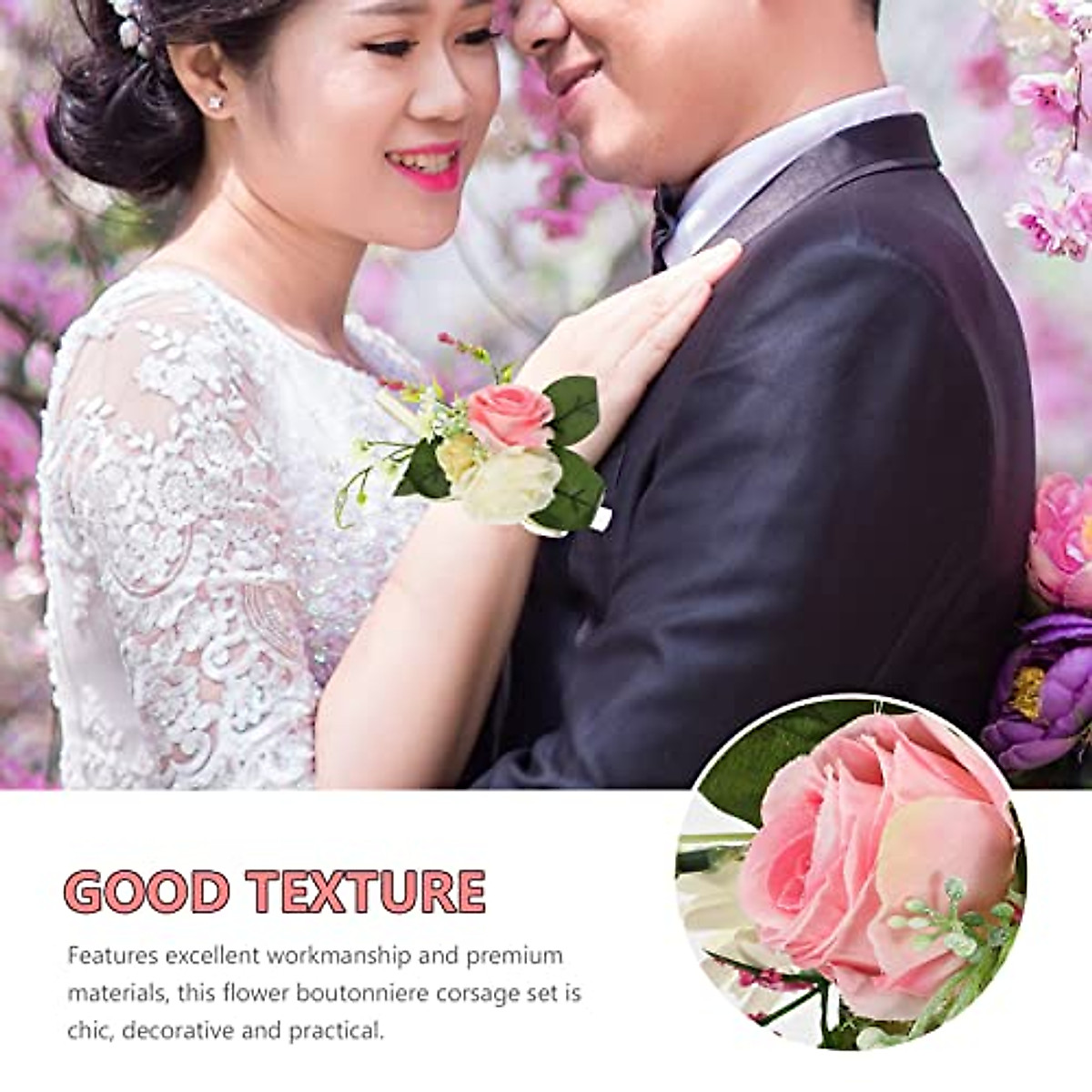 VOSAREA Rose Boutonniere 1 Set Wrist Corsage Boutonniere Set Groom Boutonniere and Bride Wrist Corsage Handmade Artificial Corsage Set Bride Hand Flower Bouquet Pink Prom Corsage Wristlet