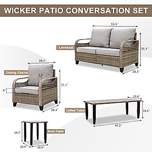 EAGLE PEAK Modern Wicker Outdoor Patio Furniture Set, Patio Conversation Set, 2 Patio Chairs, 2-Seat Loveseat, Coffee Table and Side Table, 5 Pieces, Brown/Gray