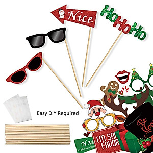 Glitter Christmas Photo Booth Props Kit - 25 Count Large Photography Party Decorations Gifts, Fun Santa Elfie Selfie Posing Signs DIY Craft Backdrop Accessories for Birthday New Year Holiday