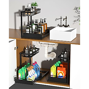 2-Tier Under Sink Organizer, Metal Tiered Sliding Shelves for Kitchen, Laundry Room, and Bathroom, Holds up to 50 lbs with 4 Anti-Slip Rubber Pads, Black