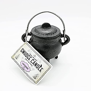 Reusable 4" Cast Iron Cauldron Candle with Lid and Hanging Handle for Spell Casting, Smudging, Ritual & Blessings Pot Belly Witchcraft Candle Aromatherapy (Lavender)