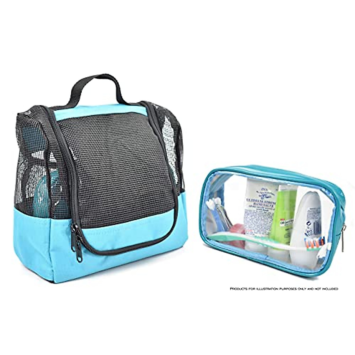 The Fine Living Co. Portable Hanging Shower Caddy Organizer Bag (Free Toiletries Case+Metal Hook) Quick Dry Mesh Shower Caddy Tote Bag Pouch For Bathroom College Dorm Camp Gym Camping 10”x4”x9”(Aqua)