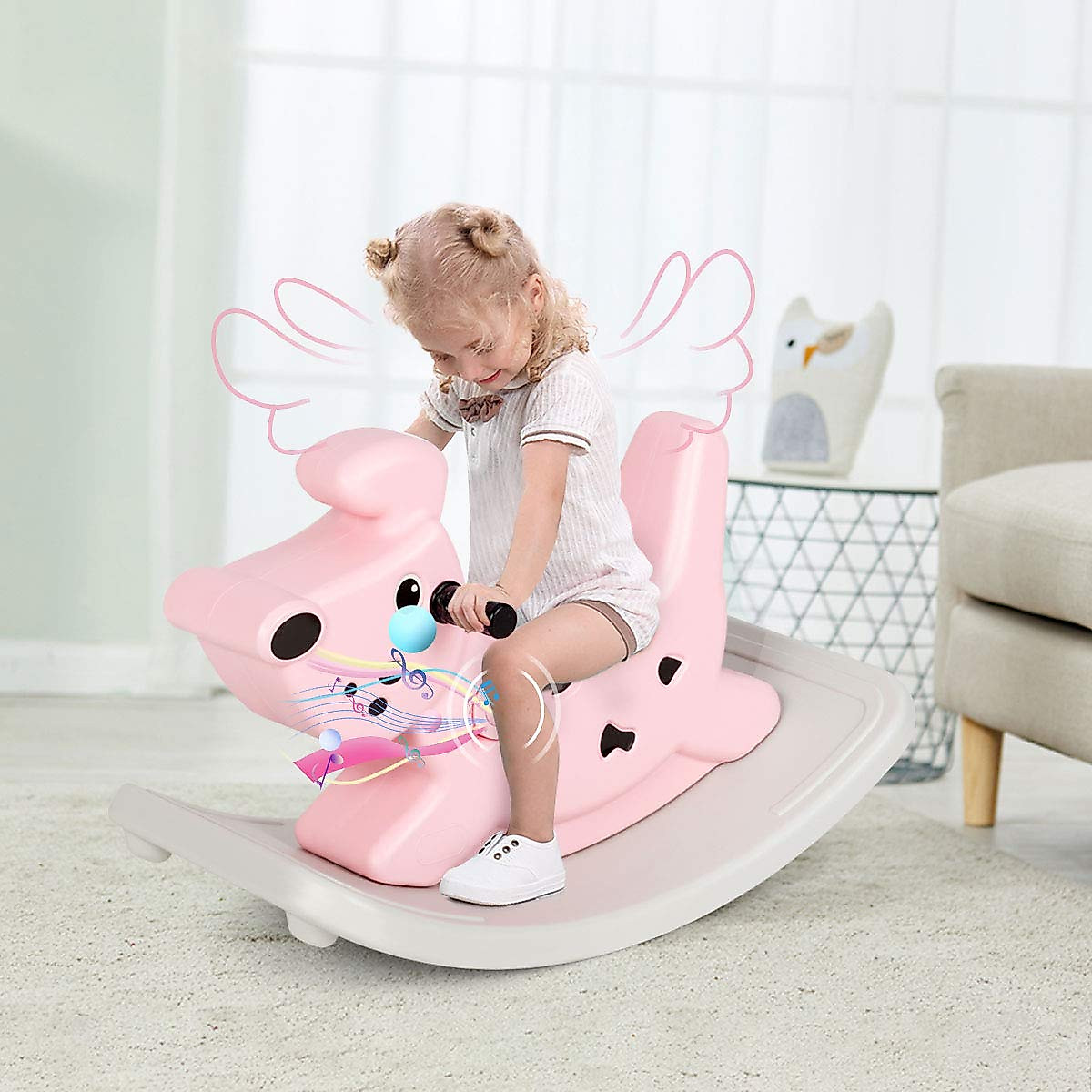 BABY JOY Kids Rocking Horse,Ride-on Horse for Toddlers with Music & Lights, HDEP Ride Animal Dog Rocker for Indoor & Outdoor,Boys & Girls Rocking Toy for Age 6 Mons Up (Pink)