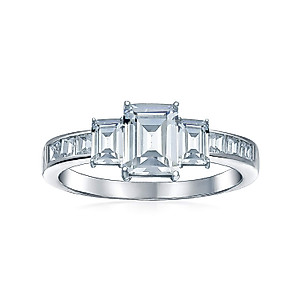 Personalize Art Deco Style 2CT AAA CT Rectangle Three Stone Past Present Future Emerald Cut Promise Engagement Ring For Women .925 Sterling Silver Baguette Side Stone Band Customizable