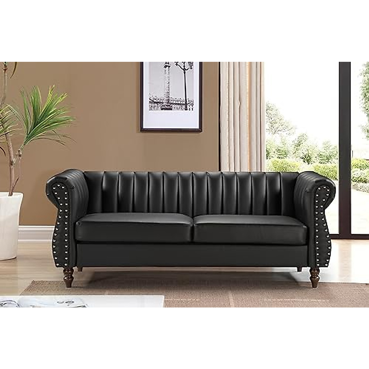 Container Furniture Direct Chesterfield-Inspired 77" Faux Leather Sofa with Elegant Design, Gourd Legs, and Sustainable Pleather Upholstery, 3 Seater Couch for Living Rooms and Offices, Black