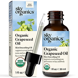 Sky Organics Organic Grapeseed Oil, Skin Smoothing Oil To Support Healthy and Even-Looking Skin Tone and on Face and Body, Suitable for All Skin Types, 100% Pure & Cold-Pressed (1 Fl Oz (Pack of 1))