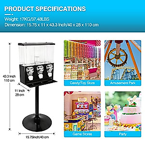 IRONWALLS Commercial Candy Vending Machine with Stand, Black Capsule Toy Gumball Vending Machine for Business, 25 Cent Coin Operated Metal Candy Dispenser Machine with 3 Canisters for Store, Park
