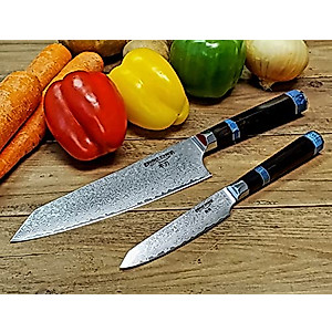 Ergo Chef Limited Series 2pc. Damascus Japanese VG10 8-inch Kiritsuke Knife and 5 inch Utility knife Set, Ebony and Blue Stabilized Wood Handles Includes Wooden Gift/Storage Box