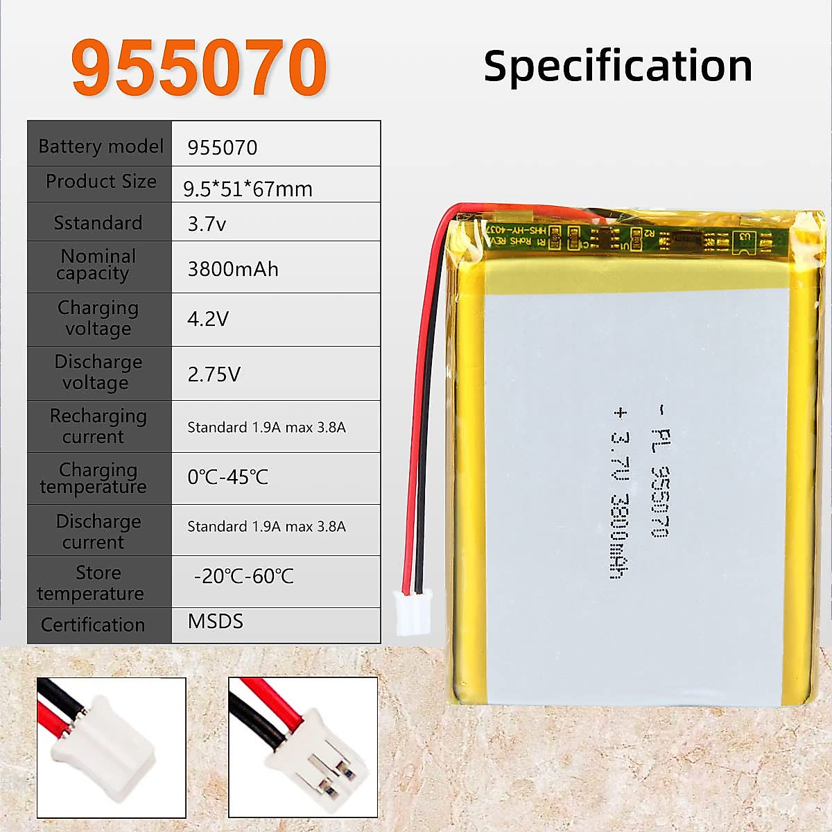 AKZYTUE 3.7V 3800mAh 955070 Lipo battery Rechargeable Lithium Polymer ion Battery Pack with PH2.0mm JST Connector