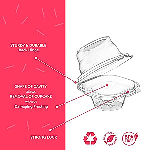 Prestee 50 Individual Cupcake Containers - Stackable | Cupcake Boxes Individual | Cupcake Holders | Single Cupcake Boxes | With Connected Airtight Deep Dome Lid | BPA-Free