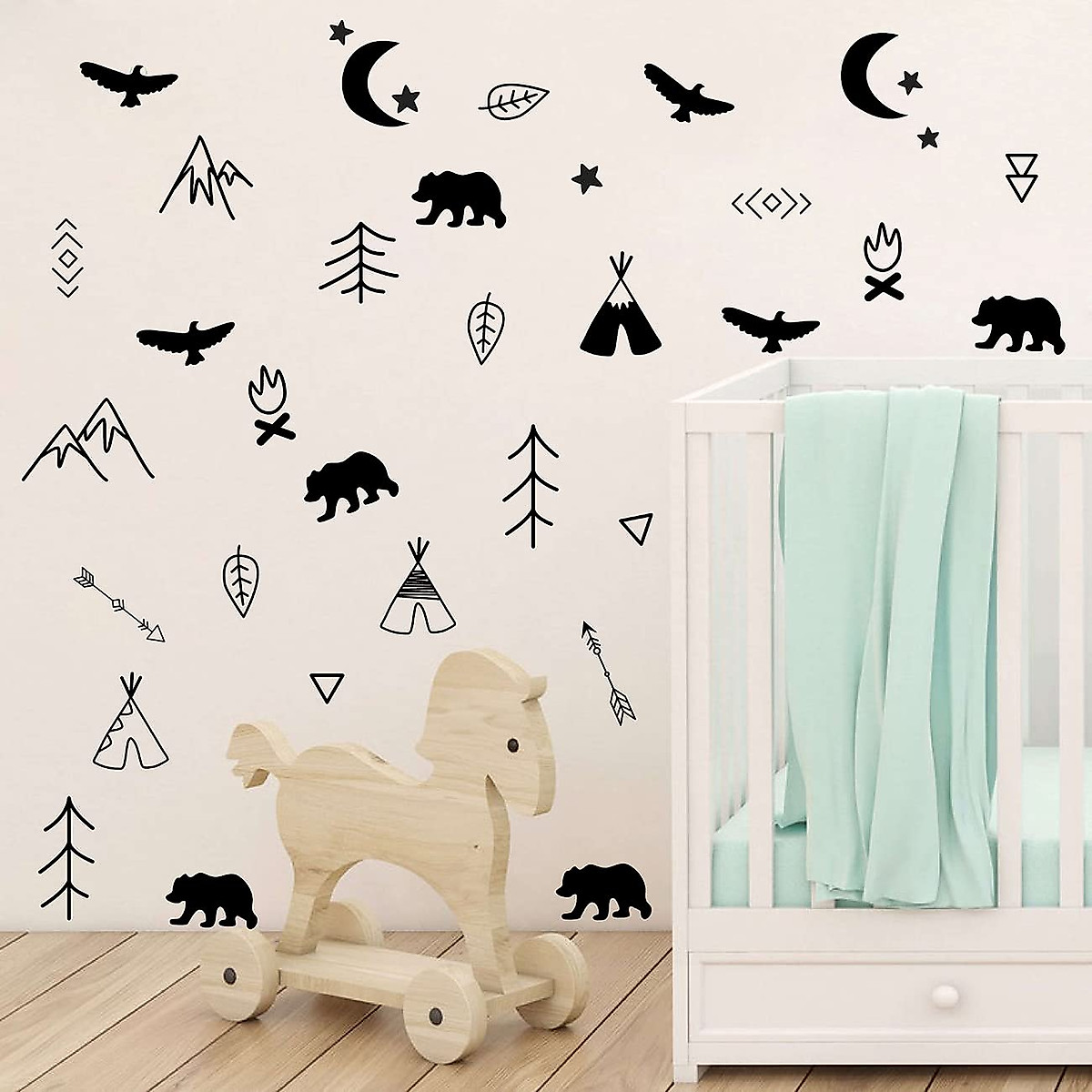 Woodland Animal Wall Decals Camping Wall Stickers Black Tree Animal and Mountain Wall Stickers Forest Animal Wall Decals for Kids Bedrooms Woodland Nursery Decor