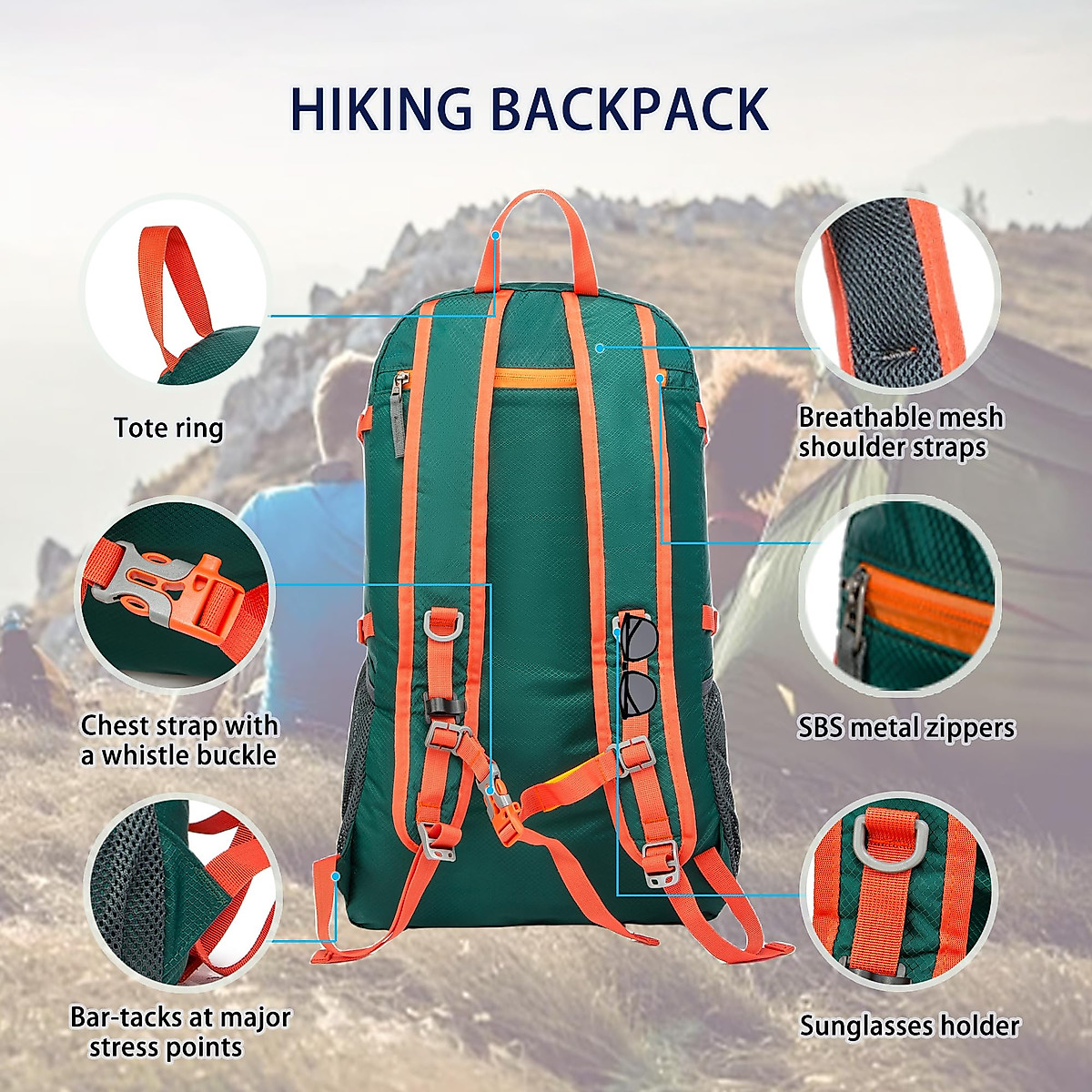 SUBEIXI 40L Hiking Backpack, Water Resistant Lightweight Packable Backpack for Travel Camping Outdoor, Green