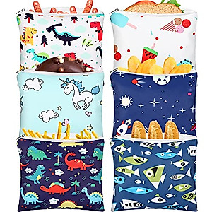 6 Pieces Reusable Snack Bags for Kids Sandwich Bags Snack Pouch Zipper Cartoon Washable Lunch Bags for Food Storage, 7 x 7 Inch, 6 Styles (Cute Style)