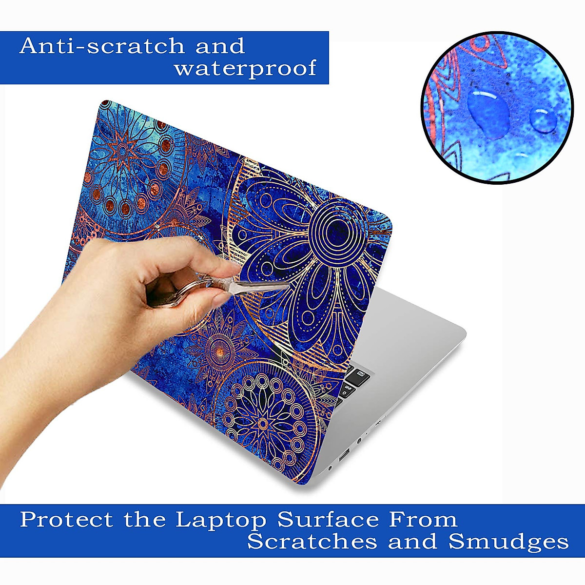 Laptop Skin Sticker Decal,12" 13" 13.3" 14" 15" 15.4" 15.6 inch Laptop Vinyl Skin Sticker Cover Art Protector Notebook PC (2 Wrist Pad Skins Included), Decorative Waterproof Removable, Blue Mandala