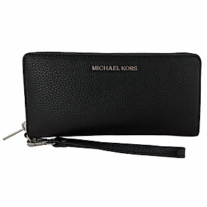 Michael Kors Jet Set Travel Continental Zip Around Leather Wallet Wristlet (Black with Silver Hardware)
