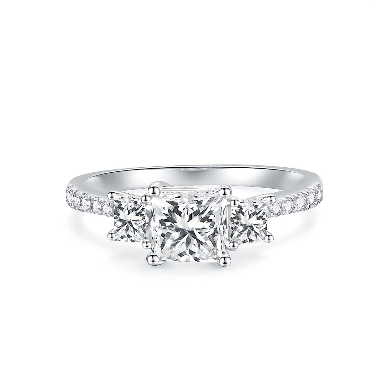 BEBEWO 1-1/3 ct.tw. Three-Stone Princess Cut Moissanite Engagement Ring for Women in 925 Sterling Silver/10k Gold/14k Gold/18k Gold, Free Personalized Engraving Name Ring (White)