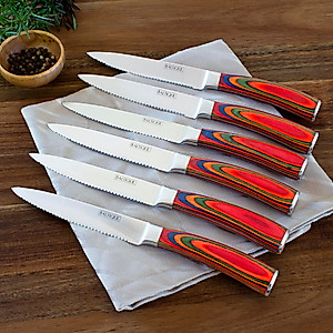 Baltique Marrakesh Collection Kitchen Steak Knives Set of 6, 5-Inch Stainless Steel Serrated Knife Set with Colorful Wooden Handles for Cutting Meat