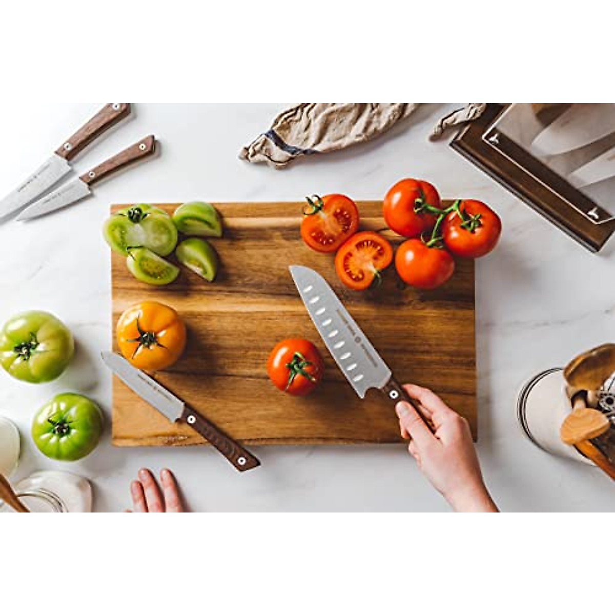 Schmidt Brothers - Cutlery Stone Series 7-Piece Kitchen Knife Set, High-Carbon German Stainless Steel Cutlery, Stone-washed Wood Handles and Clear Acrylic Magnetic Knife Block