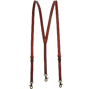 Lawevan Men's Reddish Brown Shiny Genuine Leather Suspenders, Steampunk Style Y back Adjustable Belt Loop, 3 Snap Hooks
