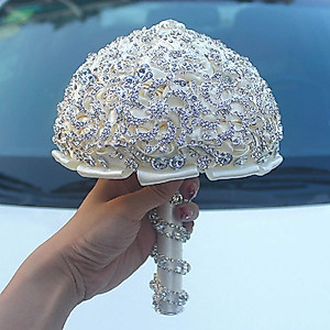 DOTKV Wedding Bouquet with Silver Luxury Artificial Diamond,Set Including Bouquets, Wrist Flowers,Corsage for Your Wedding with Full Hand-Made (Silver+Ivory)