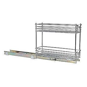 Household Essentials Narrow Sliding Cabinet Organizer, Two Tier Chrome Organizer, Chrome, Great for Slim Cabinets in Kitchen, Bathroom and More