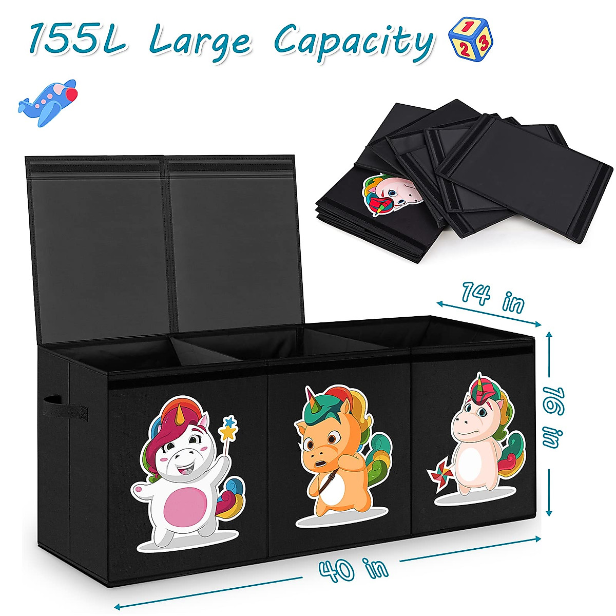 HOMEMARVEL Toy Box for Boys, Black Dinosaur and Horse Pattern