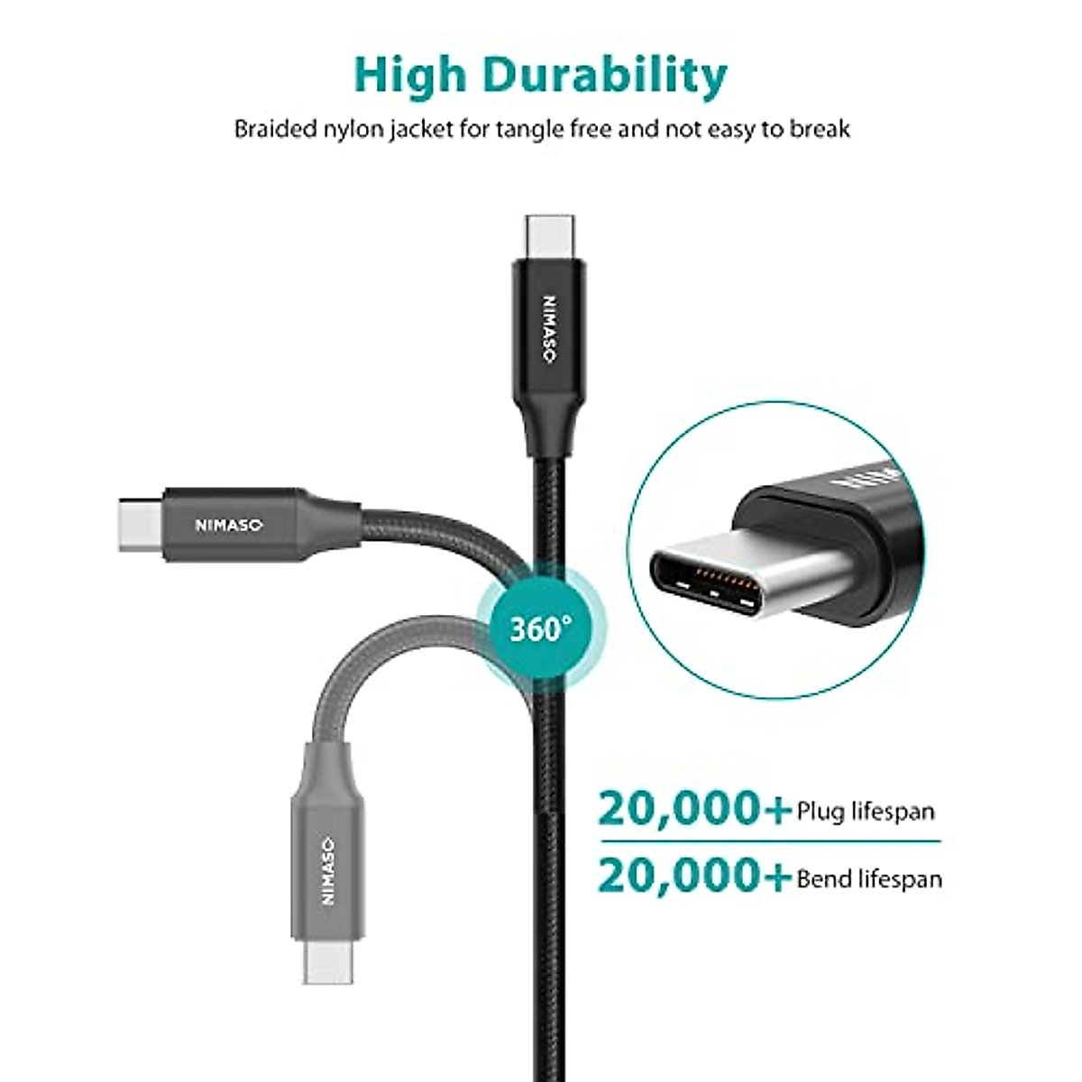 NIMASO USB C to USB C 3.1 Gen 2 Cable 10Gbps Data Transfer, 4K Video Output Monitor Cable 100W PD Fast Charging Compatible with Thunderbolt 3, MacBook Pro, iPad Pro, Galaxy S21, Google Pixel - 3.3FT