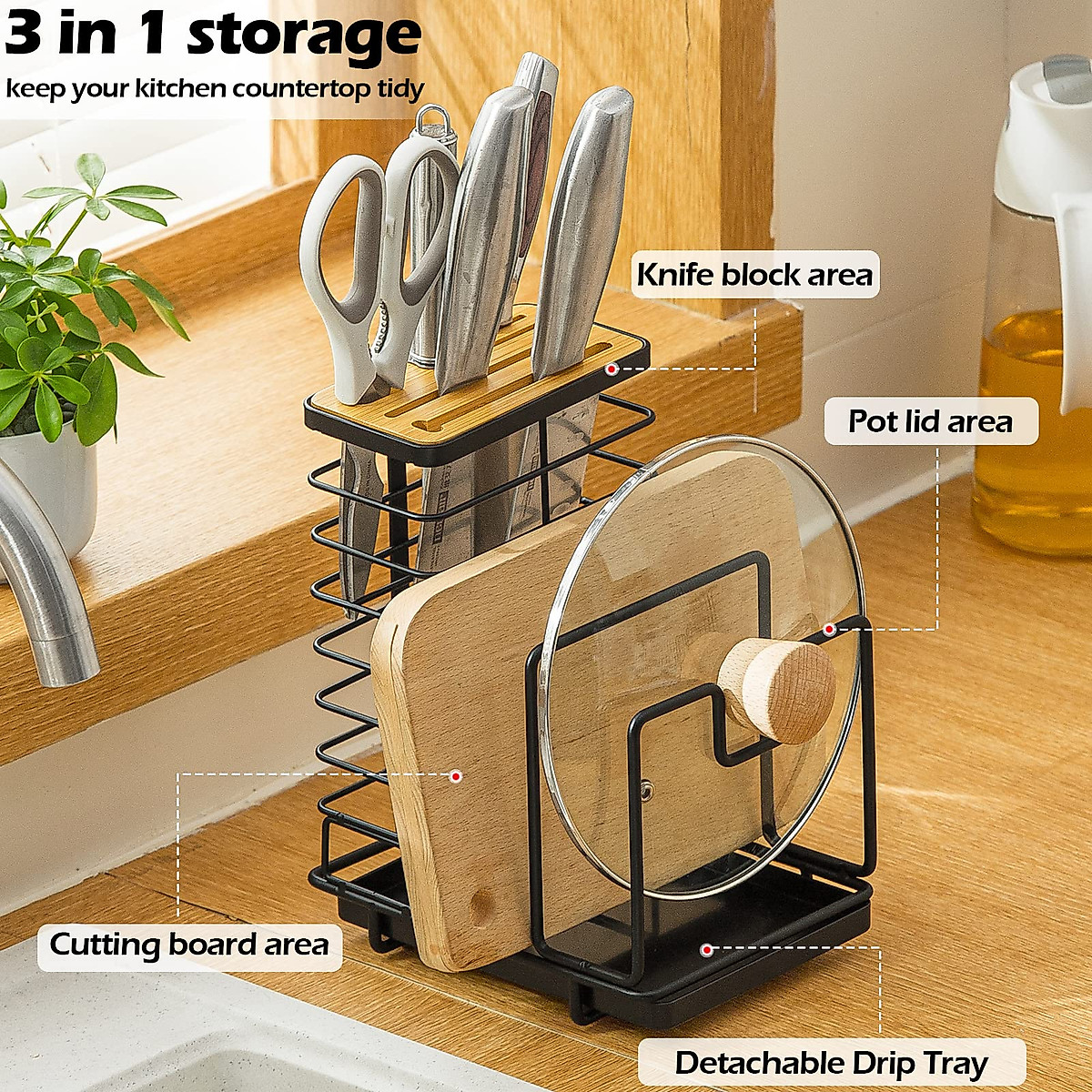 Poeland Cutting Boards Knife Organizer, 3 in 1 Kitchen Organizer Rack, Kitchen Utensils Rack Chopping Boards/Knives/Pot Pan Lid Storage with Drip Tray, Black