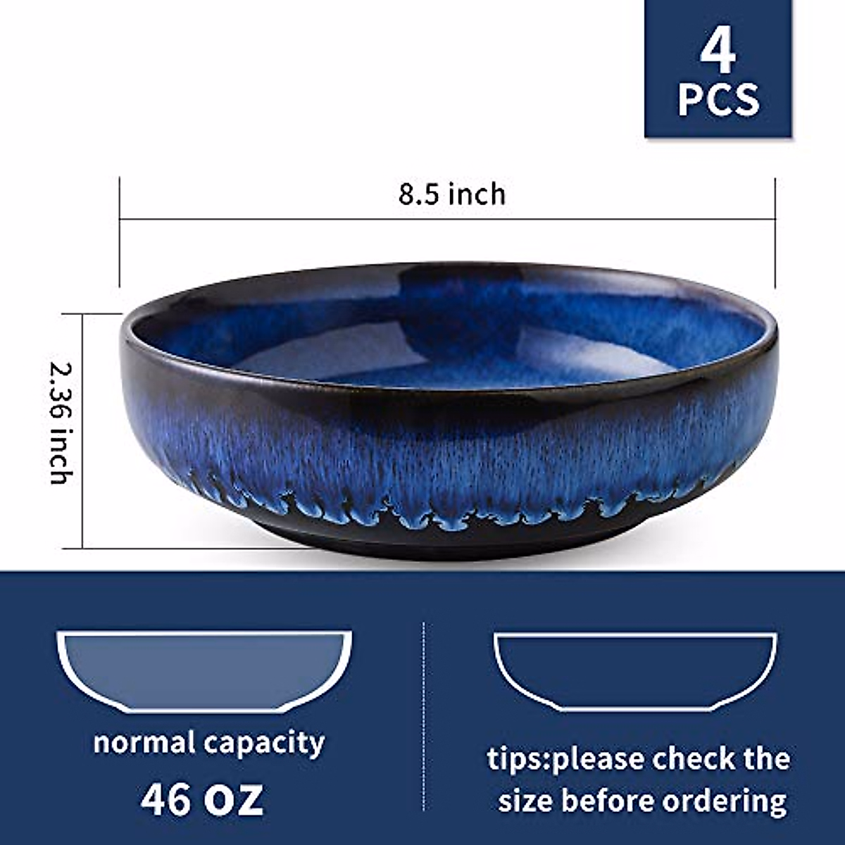 KOOV Ceramic Bowl, 46 OZ Pasta Bowls Set of 4, Large Salad Bowl Set, Large Bowl For Eating, Dinner Bowls, Stackable Serving Bowls, Reactive Glaze Series (Nebule Blue)